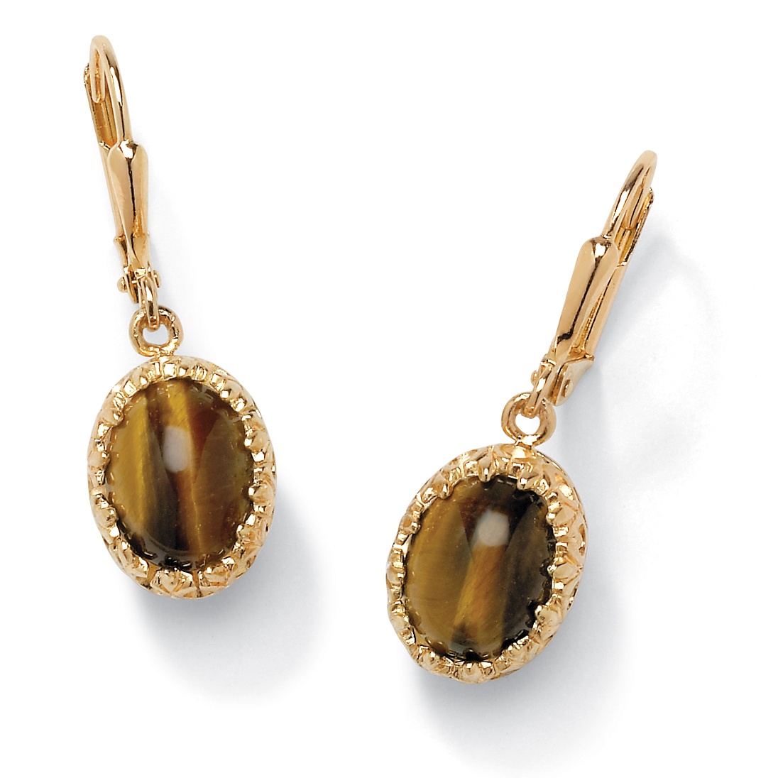 Genuine Oval Tiger's Eye Cabochon Drop Earrings 14k Yellow Gold-Plated ...