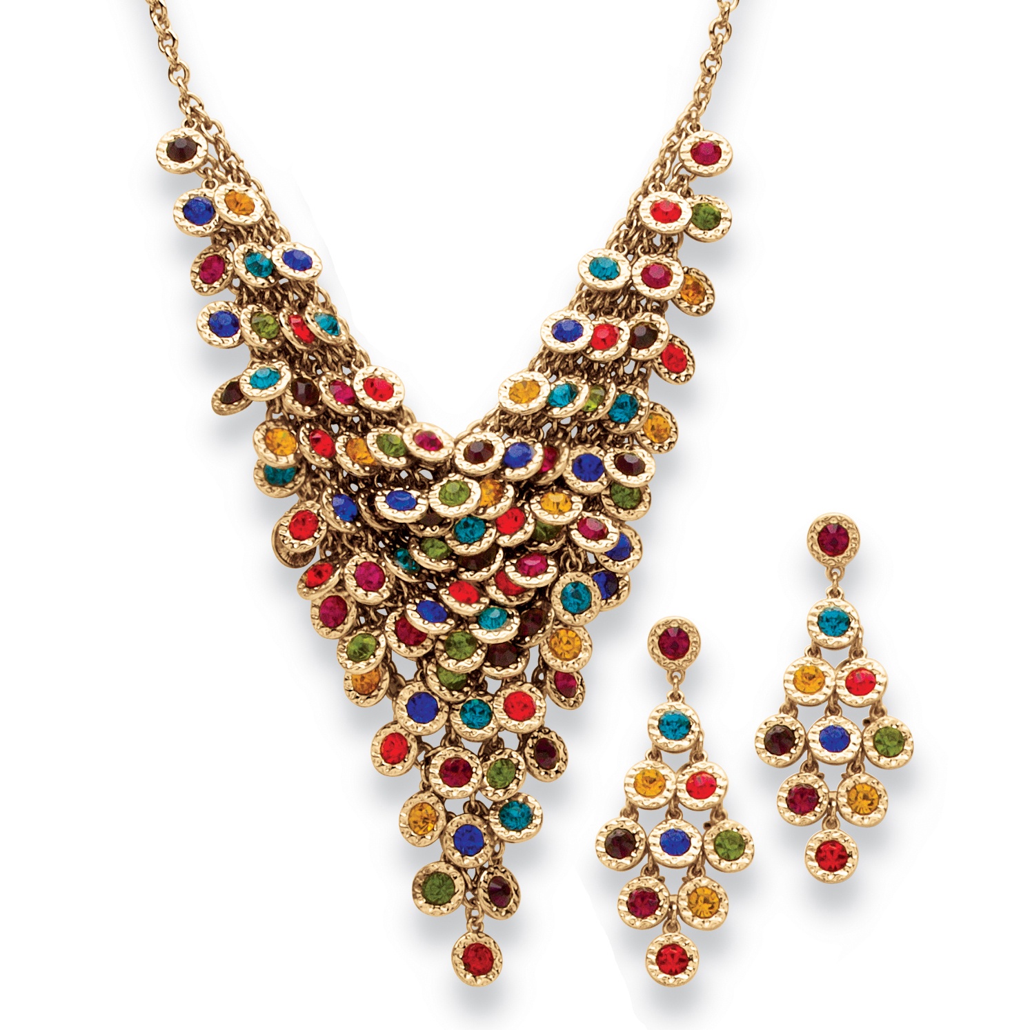 Multicolor Crystal Two-Piece Necklace and Earrings Set in Yellow Gold ...