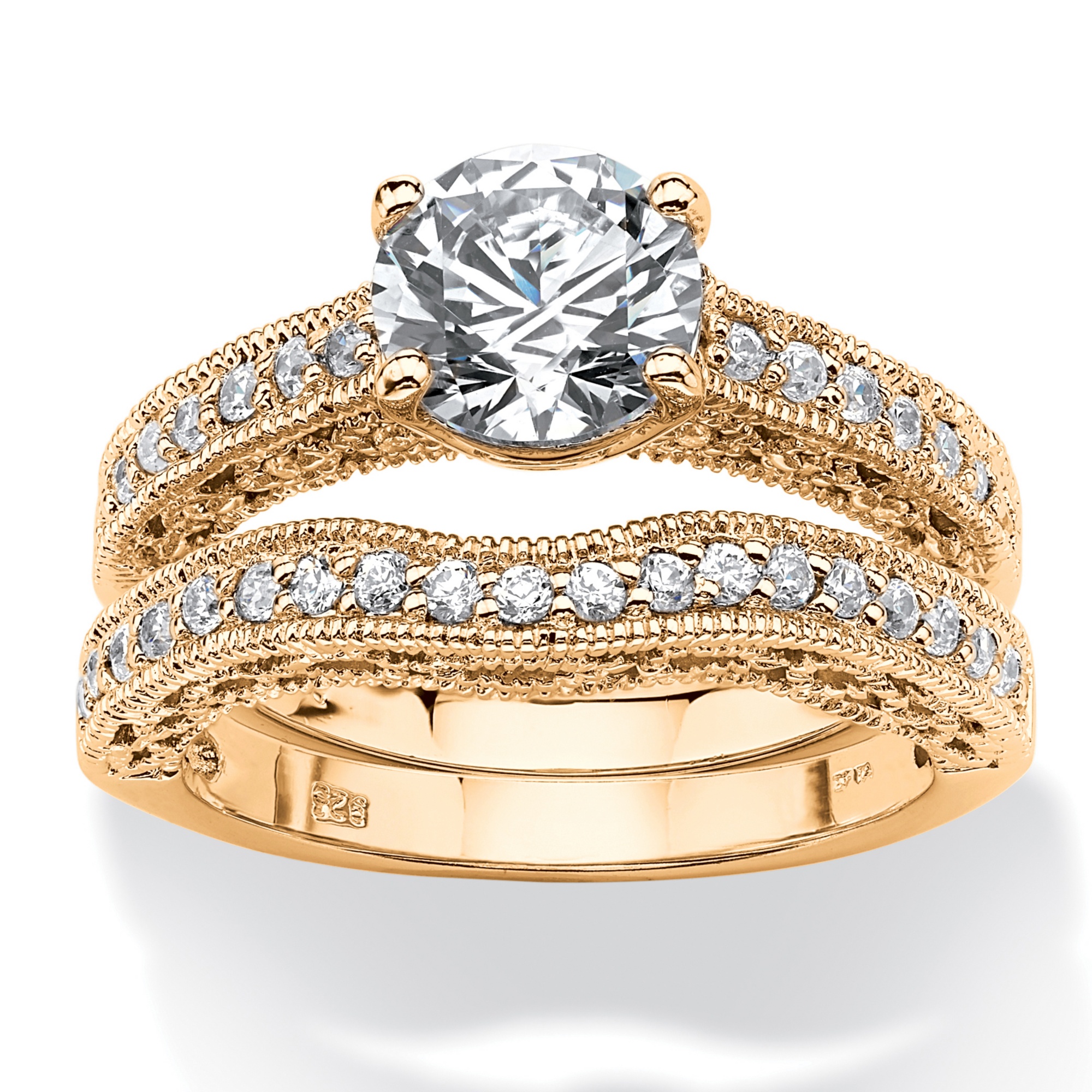 2 62 Tcw Round Cubic Zirconia Beaded Two Piece Bridal Set 18k Yellow