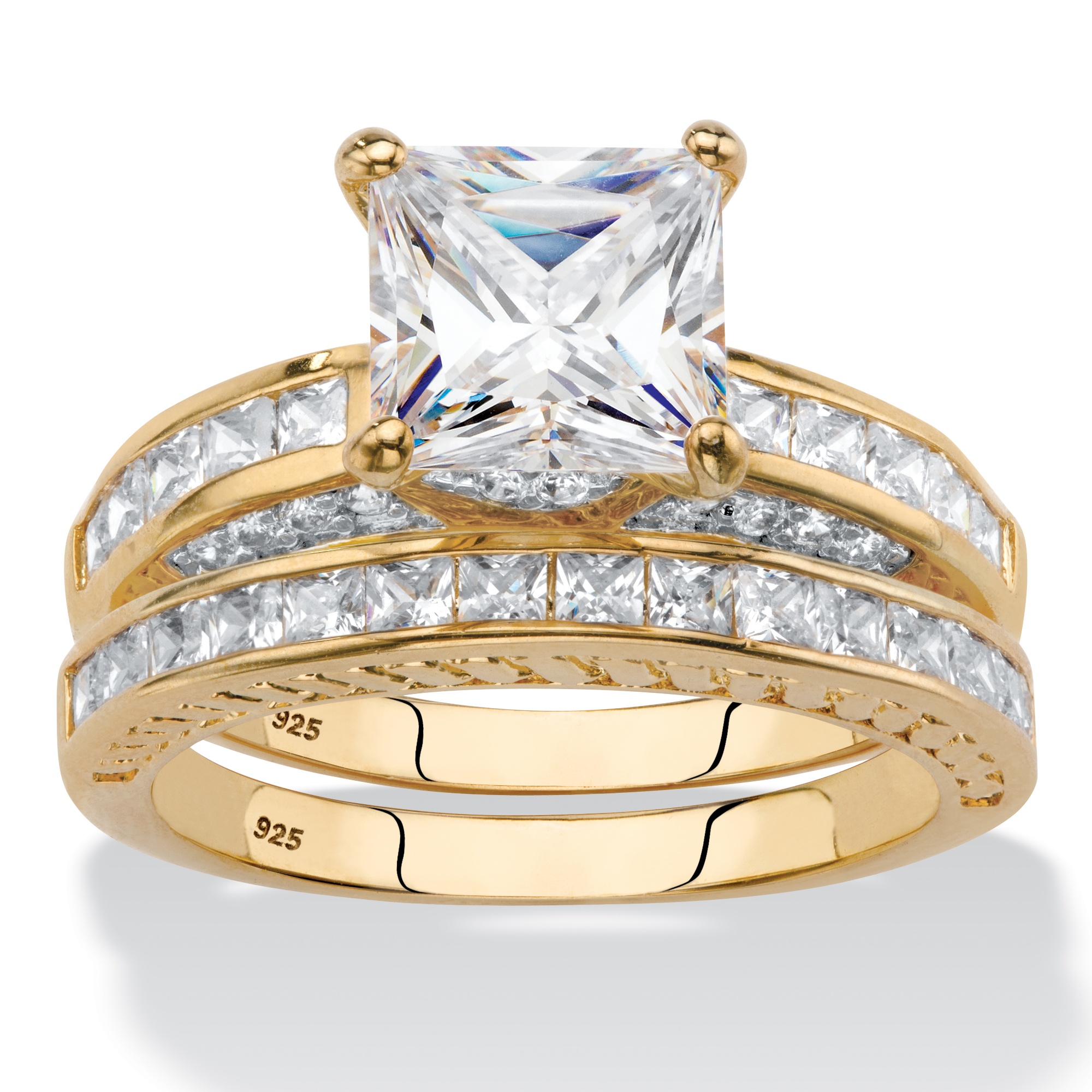 Princess Cut Cubic Zirconia Two Piece Bridal Set 3 38 Tcw In 14k Gold